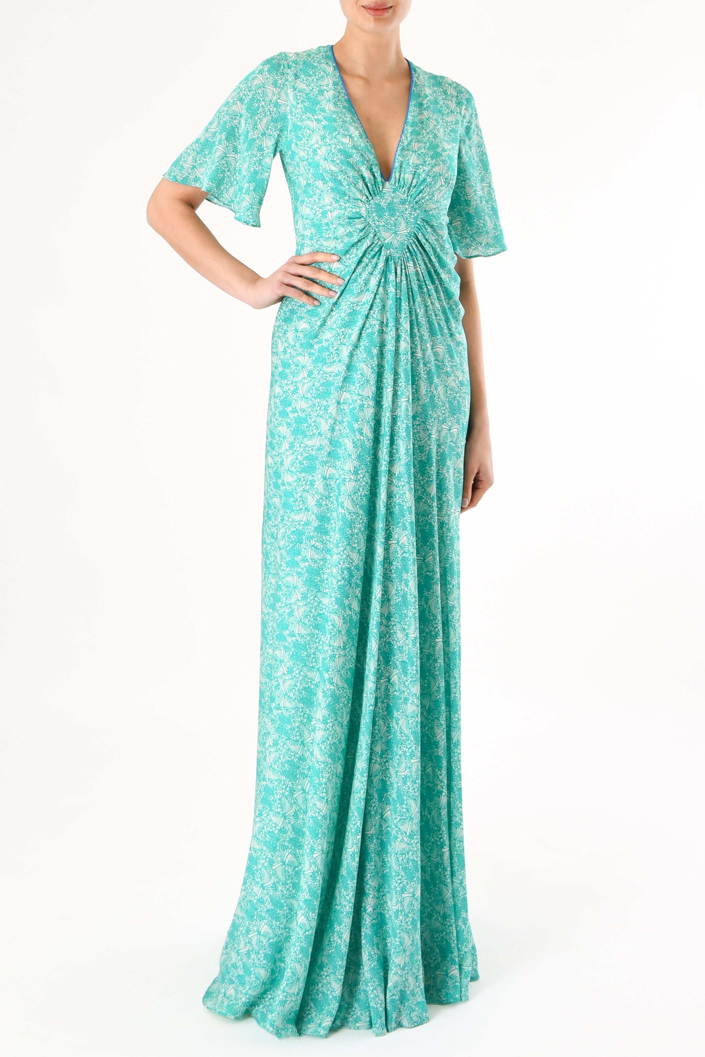 Our bestselling Long Jessie Dress in the stunning aqua Flutter printed silk georgette – Libelula